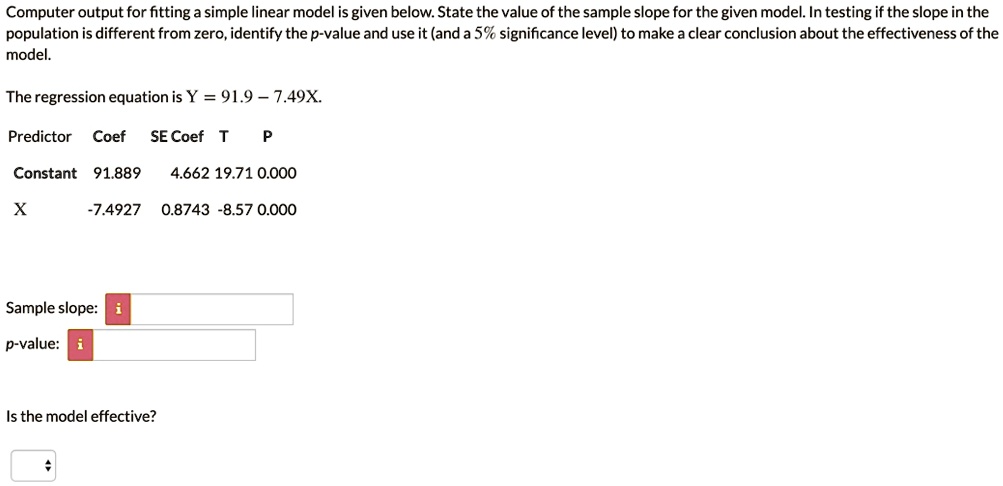 SOLVED:Computer output for fitting simple linear model is given below: State the value of the ...