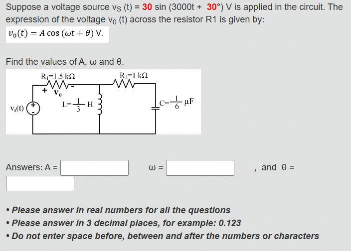 suppose a voltage source mathrmvmathrmsmathrmtmathbf3 0 sin left3000 mathrmtmathbf3 0circright ...