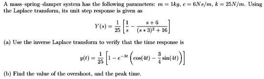 SOLVED: Amass-spring-damper system has the following parameters m=1kg ...