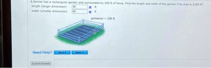SOLVED: Texts: A farmer has a rectangular garden plot surrounded by 200 ...