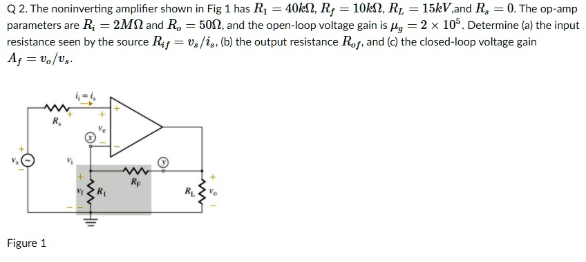 Q 2. The noninverting amplifier shown in Fig 1 has R1 = 40kΩ, Rf = 10kΩ, RL = 15kV, and Rs = 0 ...