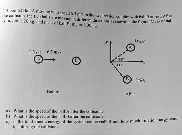 (13 points) Ball A moving with speed 6.5 m/s in the +x direction ...