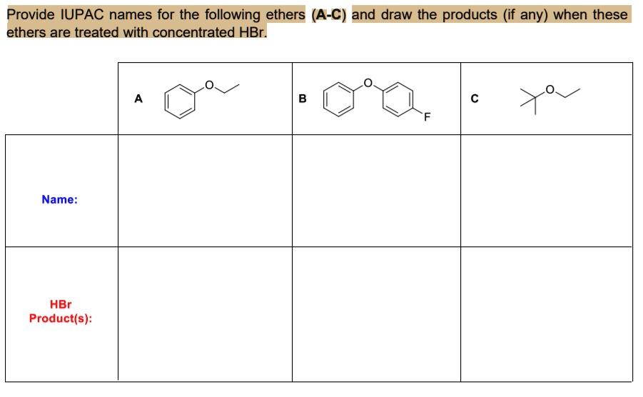 SOLVED: Provide IUPAC names for the following ethers (A-C) and draw the ...