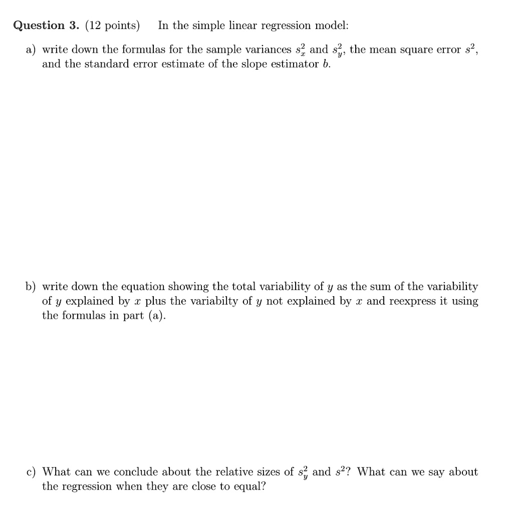 question 3 12 points in the simple linear regression model write down ...