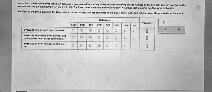 SOLVED: Texts: A number cube is rolled three times. An outcome is ...