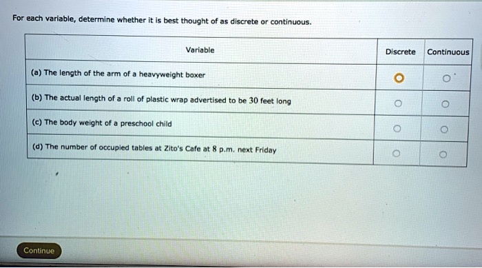 for each variable determine whether it is best thought of as discrete or continuous variable ...