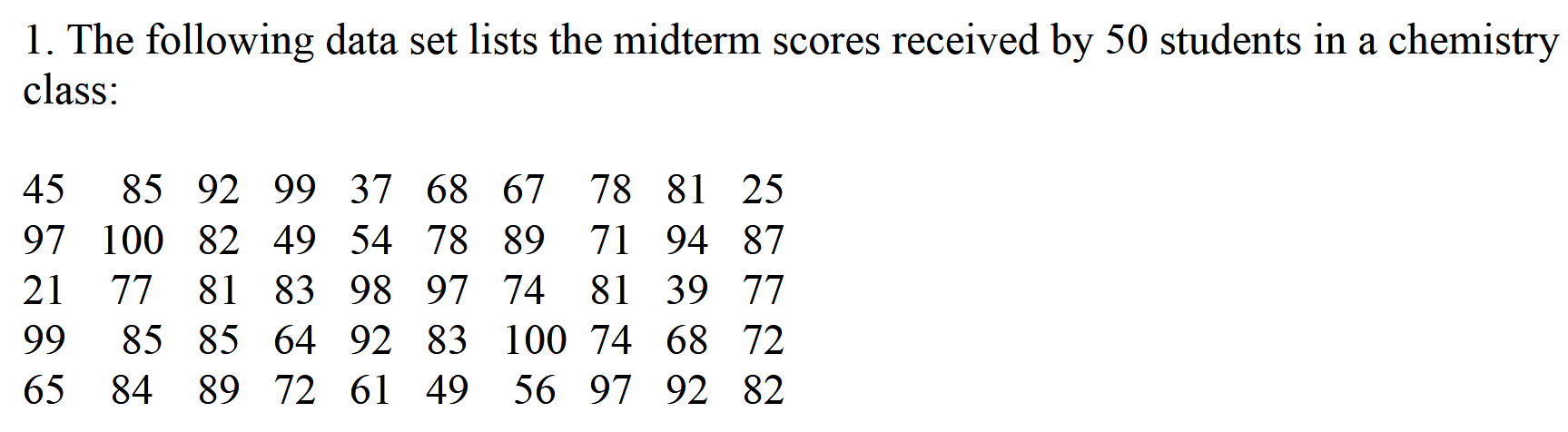 [GET ANSWER] 1. The following data set lists the midterm scores received by 50 students in a ...