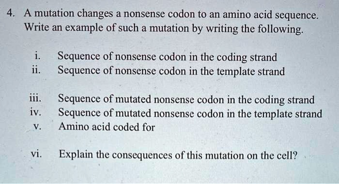 SOLVED:A mutation changes a nonsense codon to an amino acid sequence Write an example of such a ...