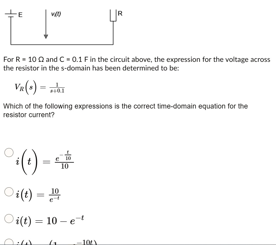 SOLVED: v(t) For R = 10 Q and C = 0.1 F in the circuit above, the expression for the voltage ...