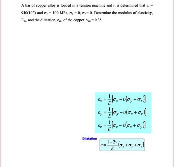 SOLVED: A bar of copper alloy is loaded in a tension machine and it is determined that e ...