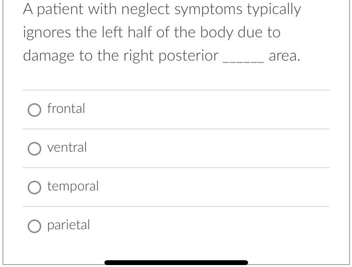 A patient with neglect symptoms typically ignores the left half of the ...