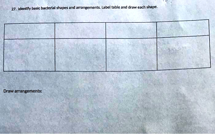SOLVED: Identify basic bacterial shapes and arrangements. Label table and draw each shape.