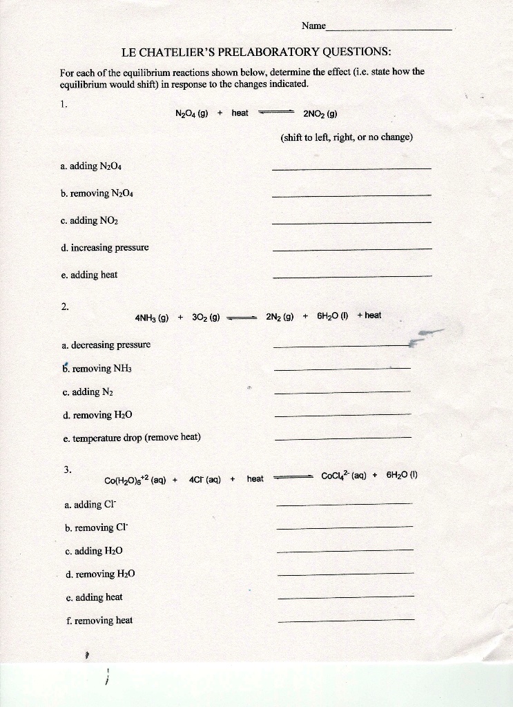 SOLVED: LE CHATELIER'S PRELABORATORY QUESTIONS: For each of the equilibrium reactions shown ...