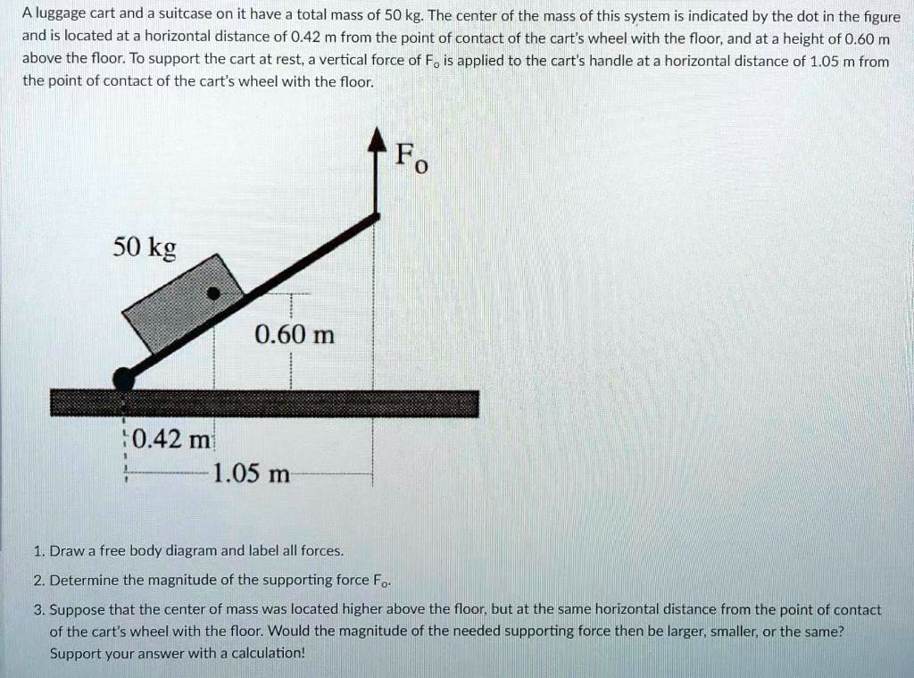 a luggage cart and suitcase on it have a total mass of 50 kg the center ...