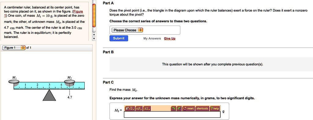 A centimeter ruler, balanced at its center point, has two coins placed ...