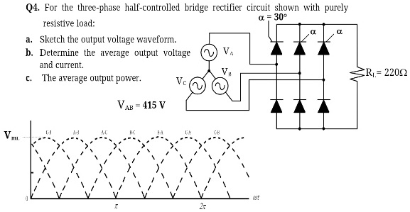 Q4. For the three-phase half-controlled bridge rectifier circuit shown with purely resistive ...