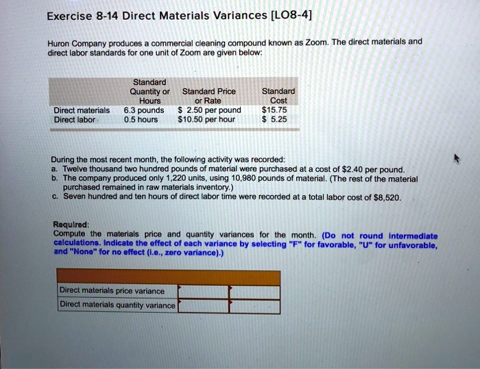 SOLVED: Exercise 8-14 Direct Materials Variances [LO8-4] Huron Company ...