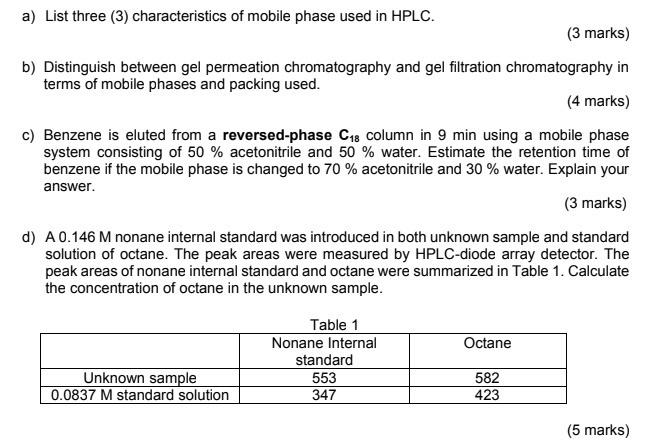 SOLVED: a) List three (3) characteristics of the mobile phase used in ...