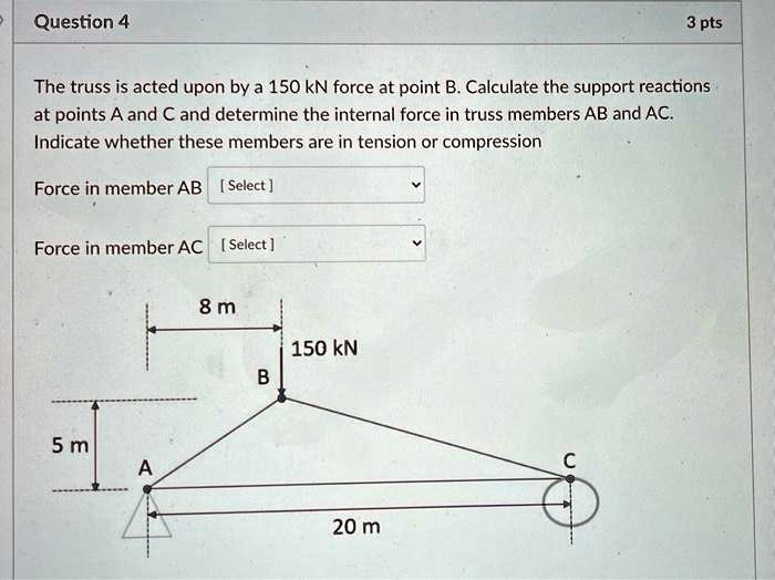 SOLVED: Question 4 3 pts The truss is acted upon by a 150 kN force at ... SOLVED: Question 4 3 pts The truss is acted upon by a 150 kN force at ...