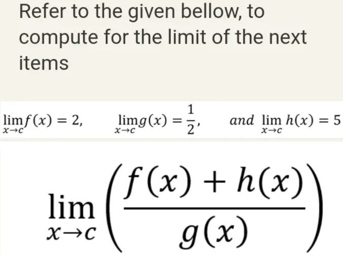 SOLVED: Text: Refer to the given below to compute for the limit of the ...