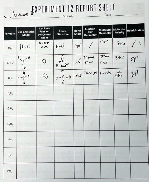 Name EXPERIMENT 12 REPORT SHEET Section Date Formula Ball and Stick Model # of Lone Pairs on the ...