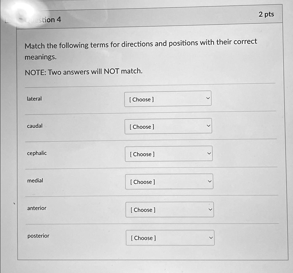 SOLVED: Question 4 2 pts Match the following terms for directions and ...
