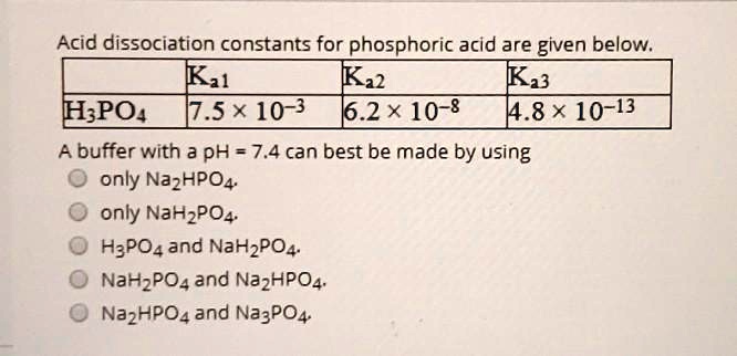 SOLVED: Acid dissociation constants for phosphoric acid are given below: Kal Ka2 Ka3 H;PO: 7.5 ...