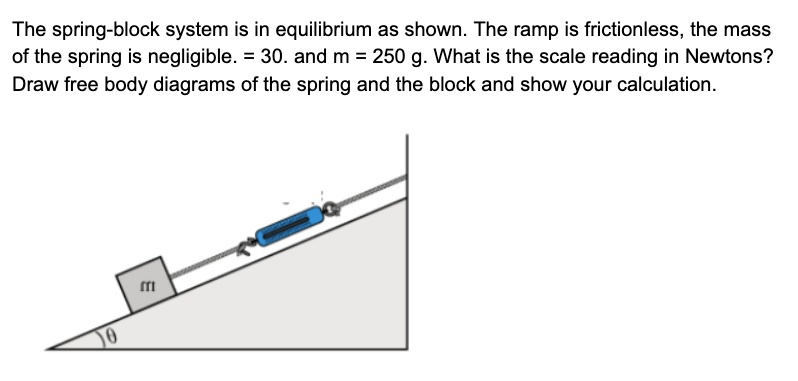 The spring-block system is in equilibrium as shown. The ramp is frictionless, the mass of the ...