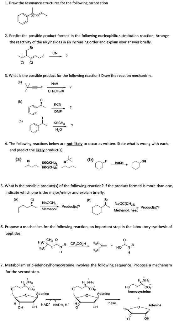 q1 7 draw the resonance structures for the following carbocation predict the possible product ...
