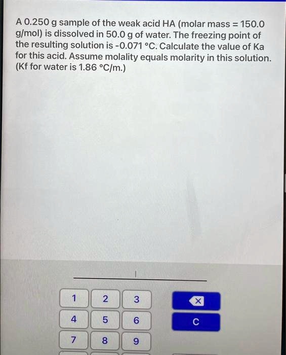 SOLVED: A 0.250g sample of the weak acid HA(molar mass=150.0 g/mol)is ...