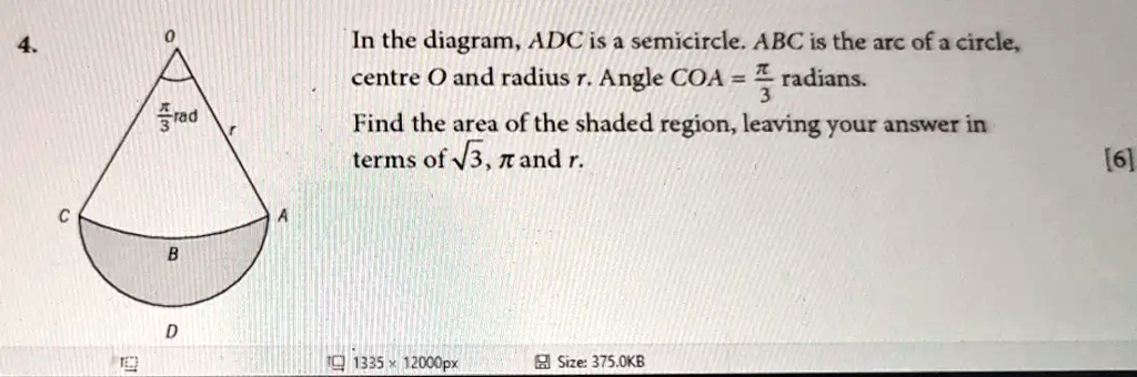 4. 0 (π)/(3)rad C A B In the diagram, ADC is a semicircle. ABC is the ...