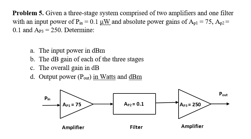 SOLVED: Problem 5. Given a three-stage system comprised of two amplifiers and one filter with an ...