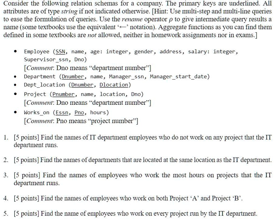 SOLVED: Consider the following relation schemas for a company: The primary keys are underlined ...