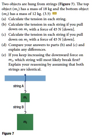 Two objects are hung from strings (Figure 7). The top object (m1) has a ...