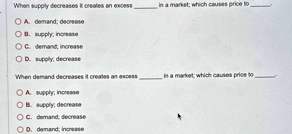 SOLVED: When supply decreases it creates an excess in a market, which ...