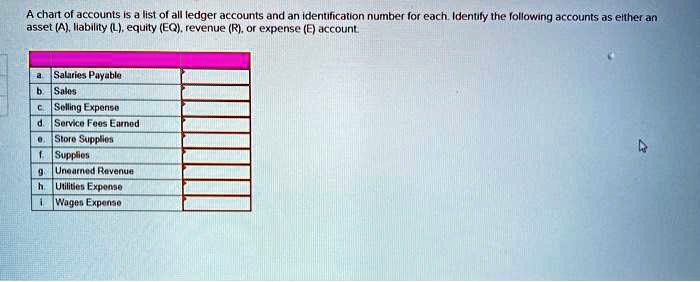 A chart of accounts is a list of all ledger accounts and an identification number for each ...