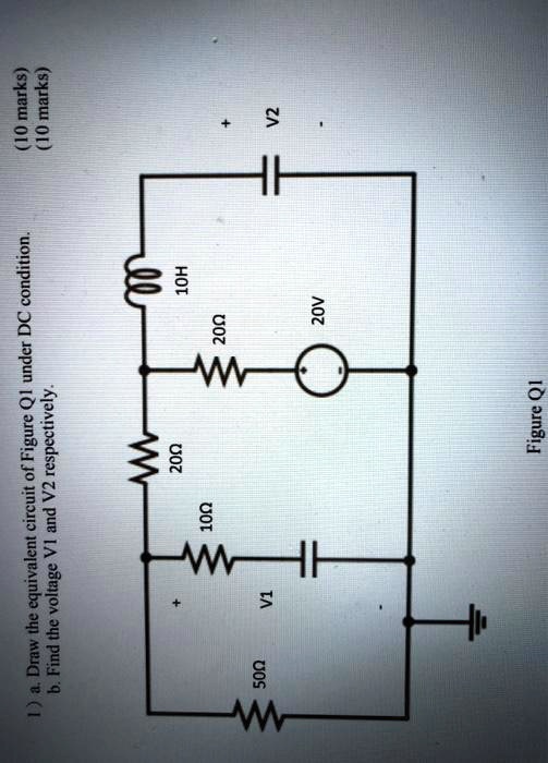 1) a. Draw the equivalent circuit of Figure Q1 under DC condition. b. Find the voltage V1 and V2 ...