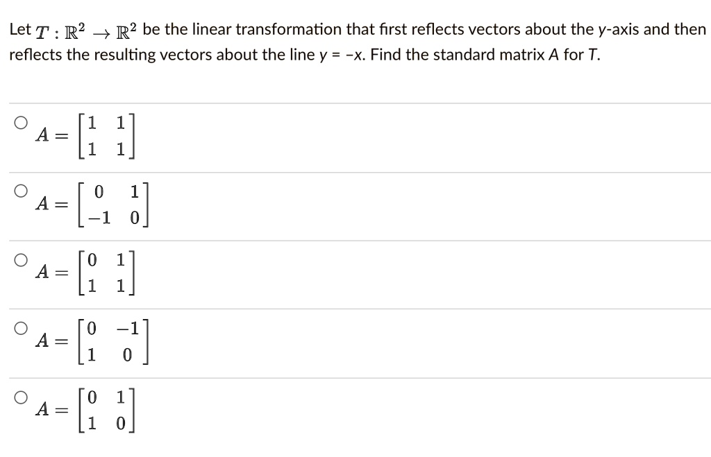 SOLVED: Let T R? R2 be the linear transformation that first reflects vectors about the Y-axis ...