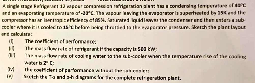 SOLVED: A single stage Refrigerant 12 vapour compression refrigeration ...