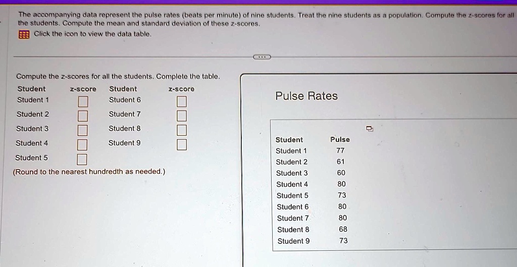 SOLVED: The accompanying data represent the pulse rates (beats per ...