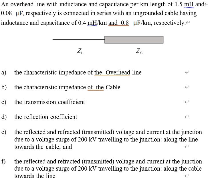 An overhead line with inductance and capacitance per km length of 1.5 ...