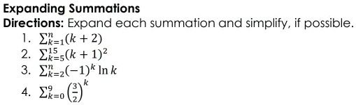 SOLVED: Expanding Summations Directions: Expand each summation and ... SOLVED: Expanding Summations Directions: Expand each summation and ...