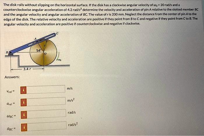 SOLVED: The disk rolls without slipping on the horizontal surface.If the disk has a clockwise ...