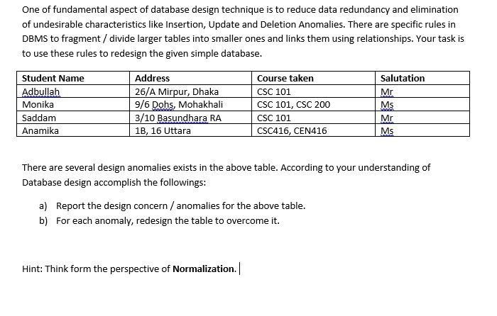 One of fundamental aspect of database design technique is to reduce data redundancy and ...