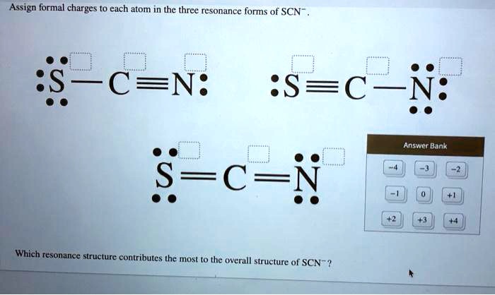 SOLVED: Assign formal charges to each atom in the three resonance forms of SCN C=N: :S=C-N ...