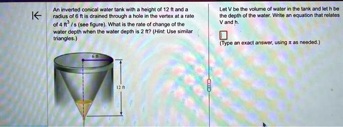 SOLVED: An inverted conical water tank with a height of 12 ft and a ...