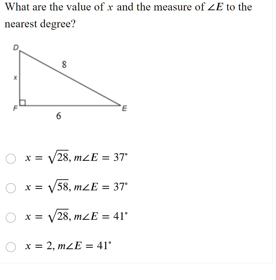 SOLVED: What are the values of x and the measure of ZE to the nearest ...