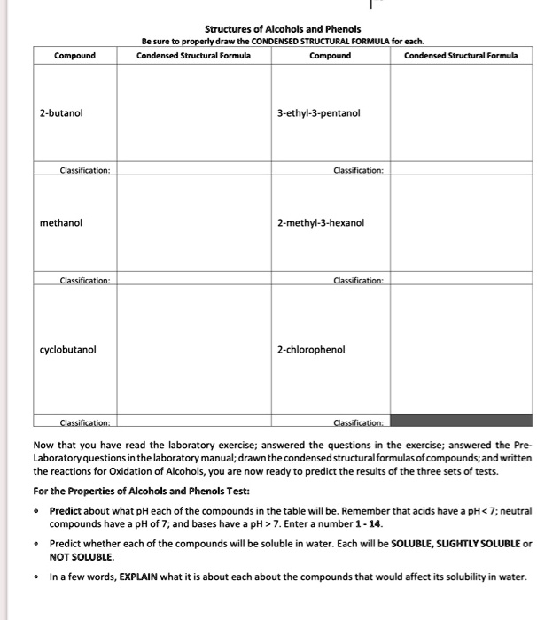 SOLVED: Structures of Alcohols and Phenols properly draw the CONDENSED STRUCTURAL FORMULA for ...