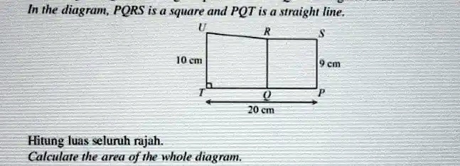 In the diagram, PQRS is a square and PQT is a straight line. Hitung luas seluruh rajah ...