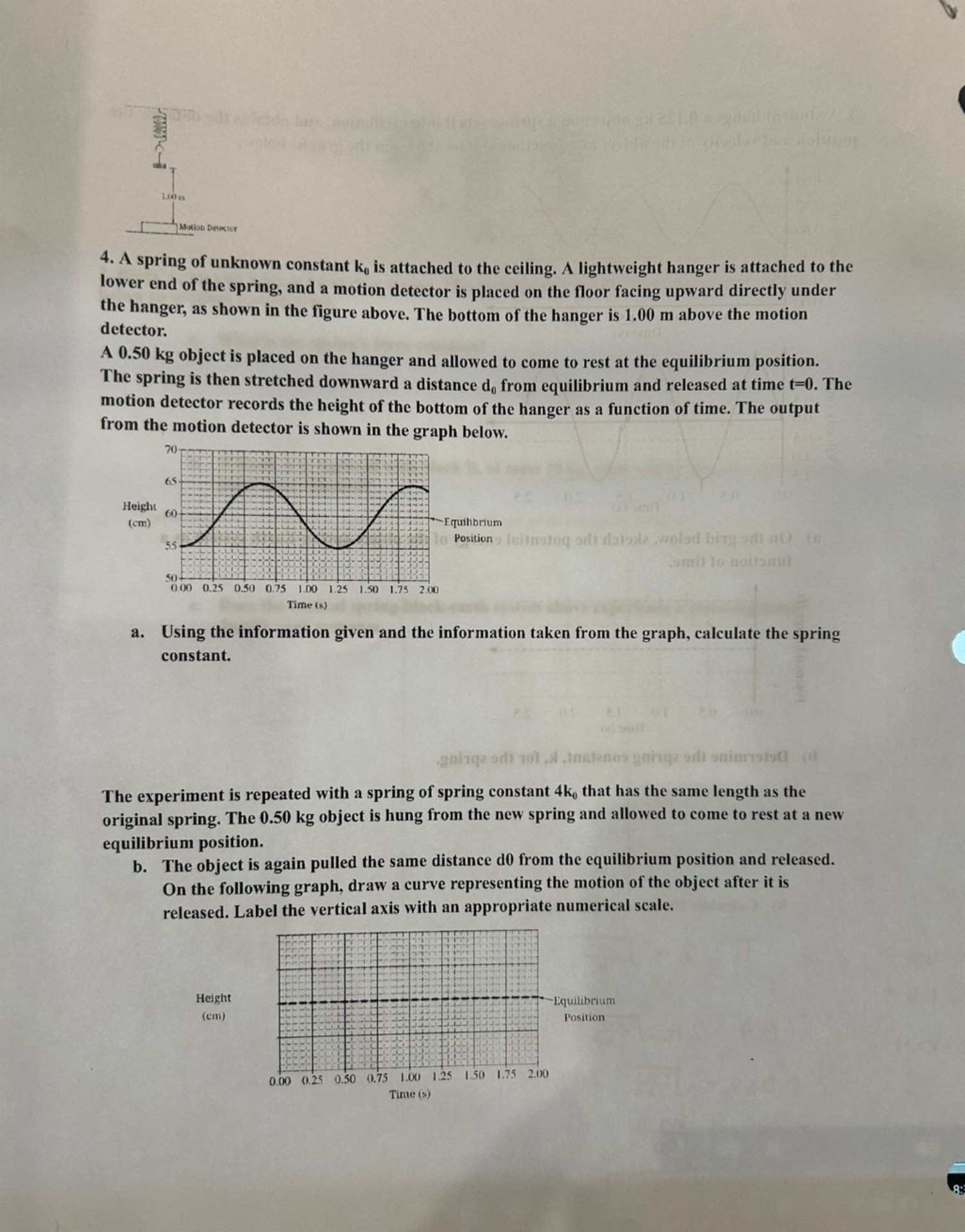 4. A spring of unknown constant k? is attached to the...